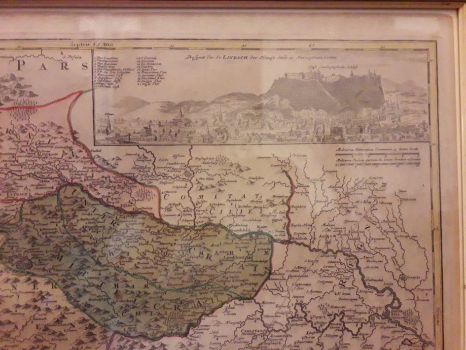 Zemljevid Kranjskih dežel iz 1714 leta ORIGINAL KOLORIRAN BAKROREZ!