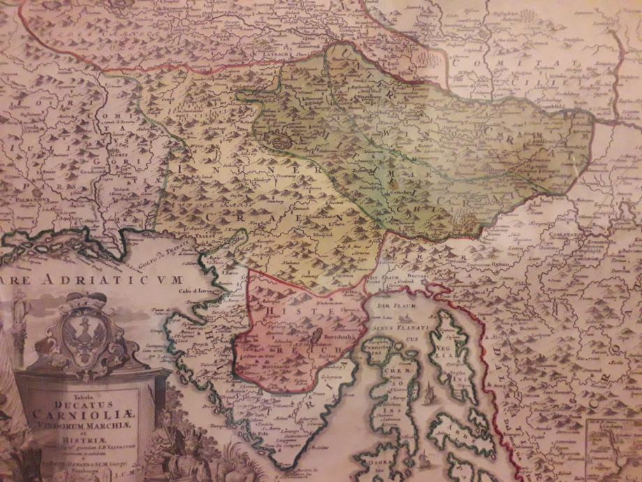 Zemljevid Kranjskih dežel iz 1714 leta ORIGINAL KOLORIRAN BAKROREZ!