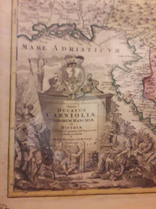 Zemljevid Kranjskih dežel iz 1714 leta ORIGINAL KOLORIRAN BAKROREZ!