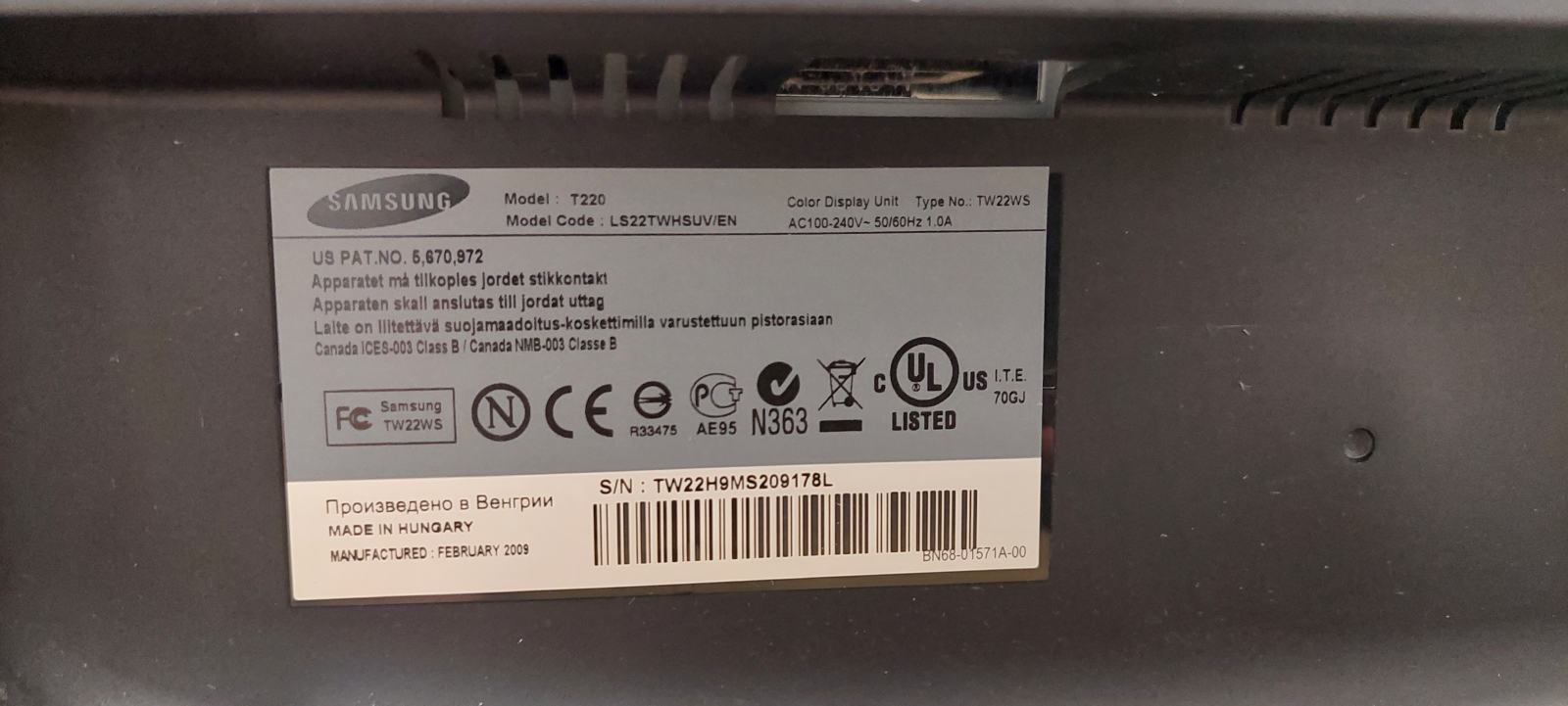 Monitor SAMSUNG T220