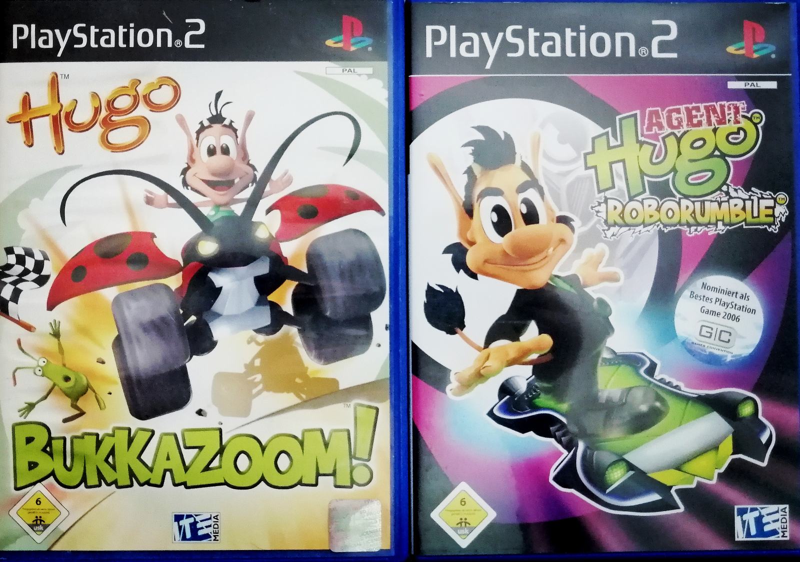 2x PS2 otroški igri: HUGO Bukkazoom! / Agent HUGO Roborumble