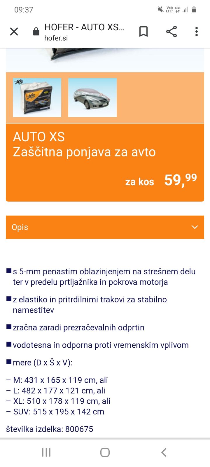 Zaščitna ponjava za avto XL