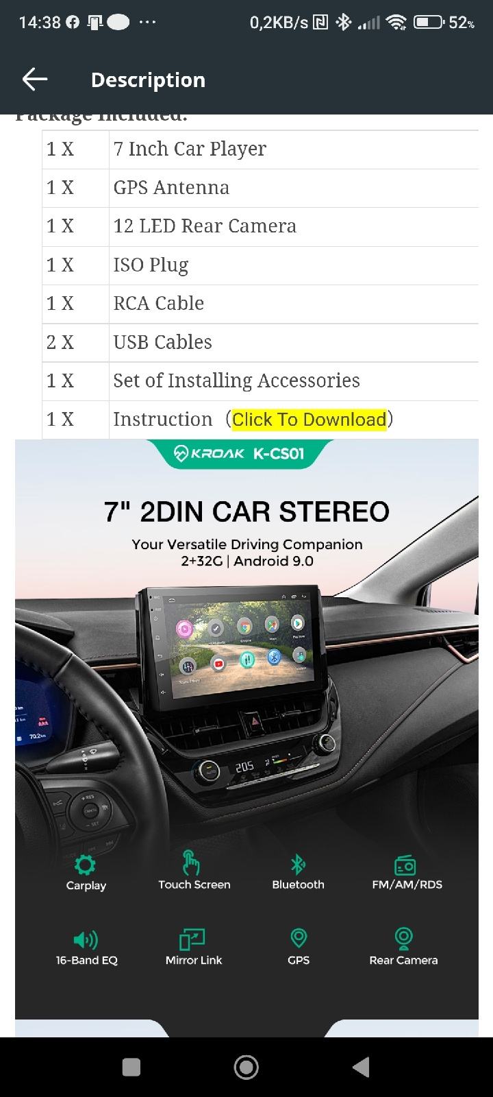Avtoradio Android KROAK K-CS01