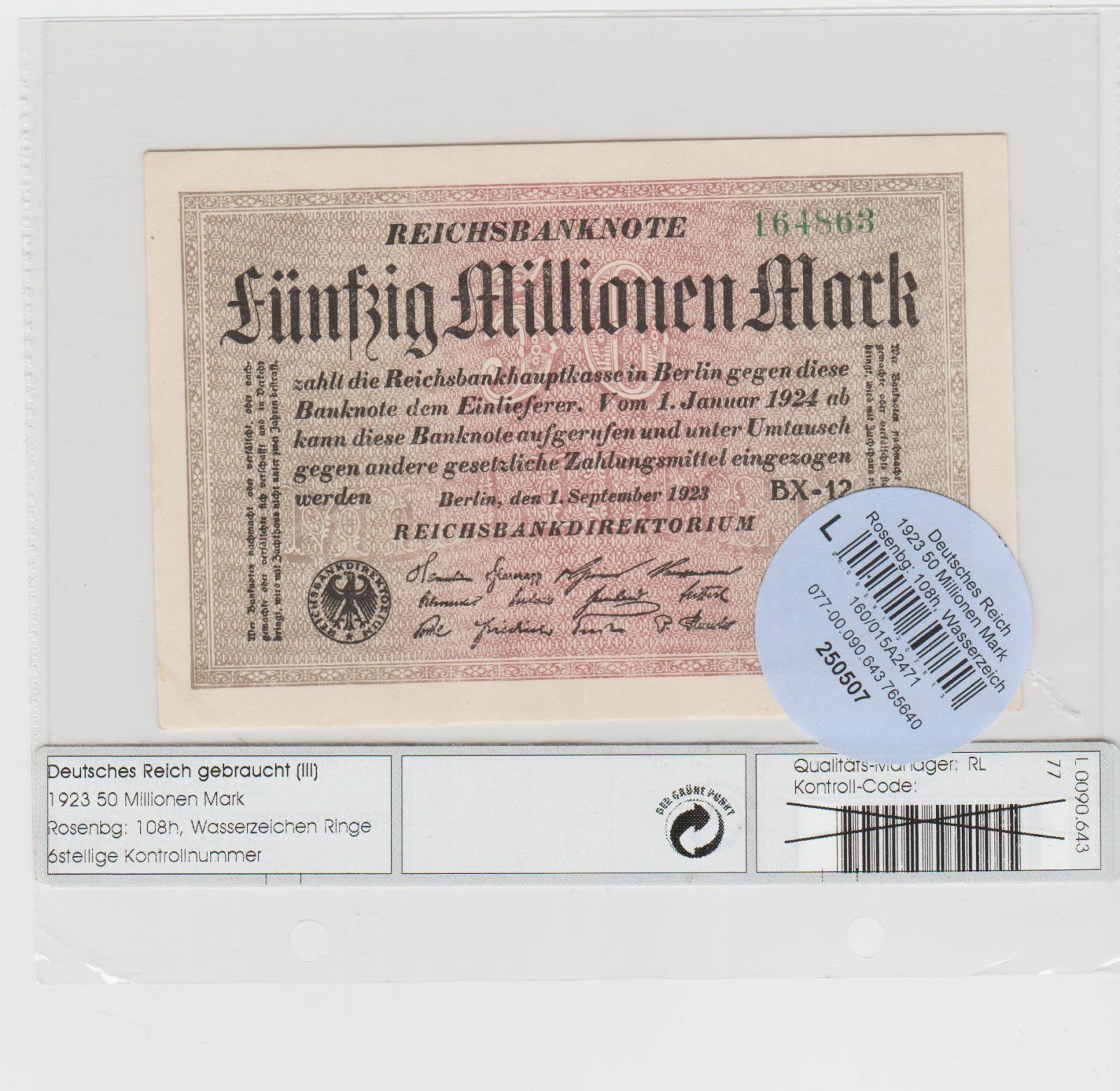 BANK. 50000000 50 MILL MARK P109b/2.BX-V.TISK KROGCI(NEMČIJA)1923.UNC