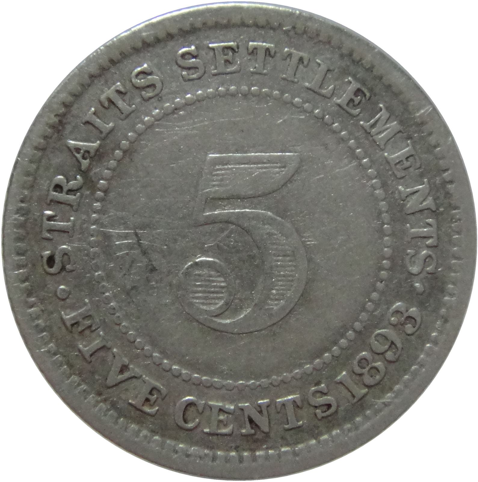 LaZooRo: Straits Settlements 5 Cents 1893 VF - Srebro