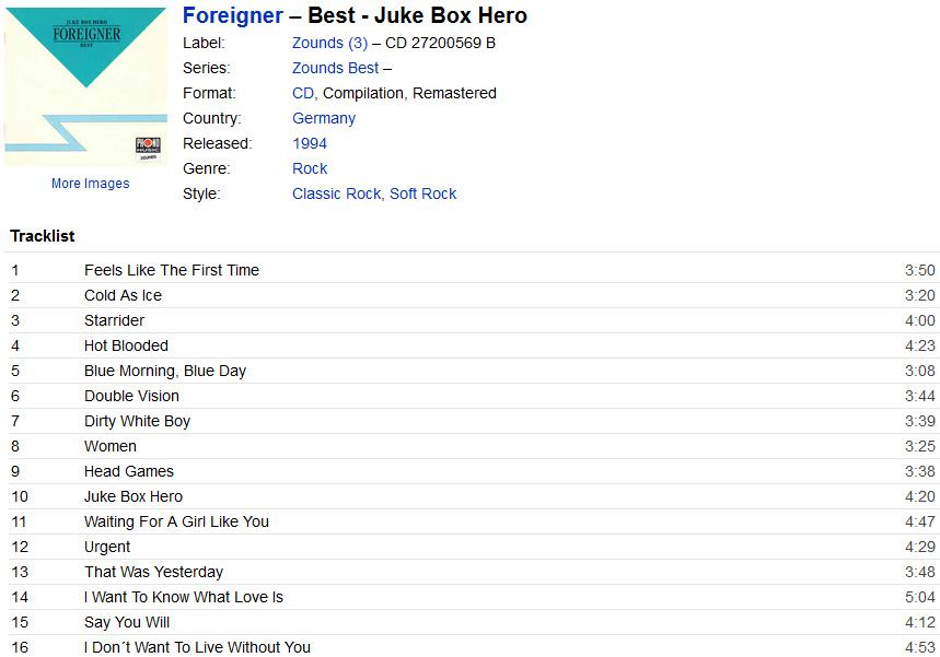 FOREIGNER - JUKE BOX HERO BEST (CD audio)