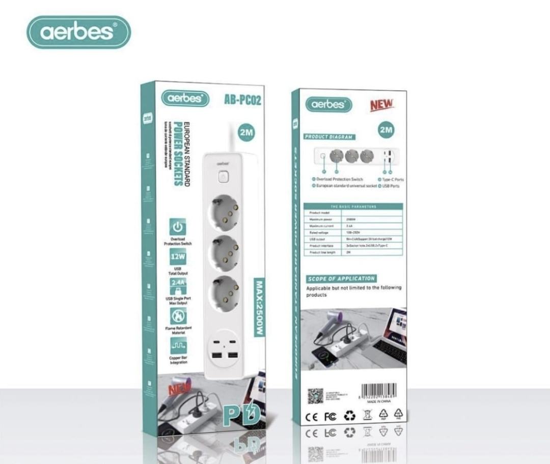 Aerbes 2M Razdelilec 3 x 220V + 2 x USB A + 2 x USB C + Prenapetostna