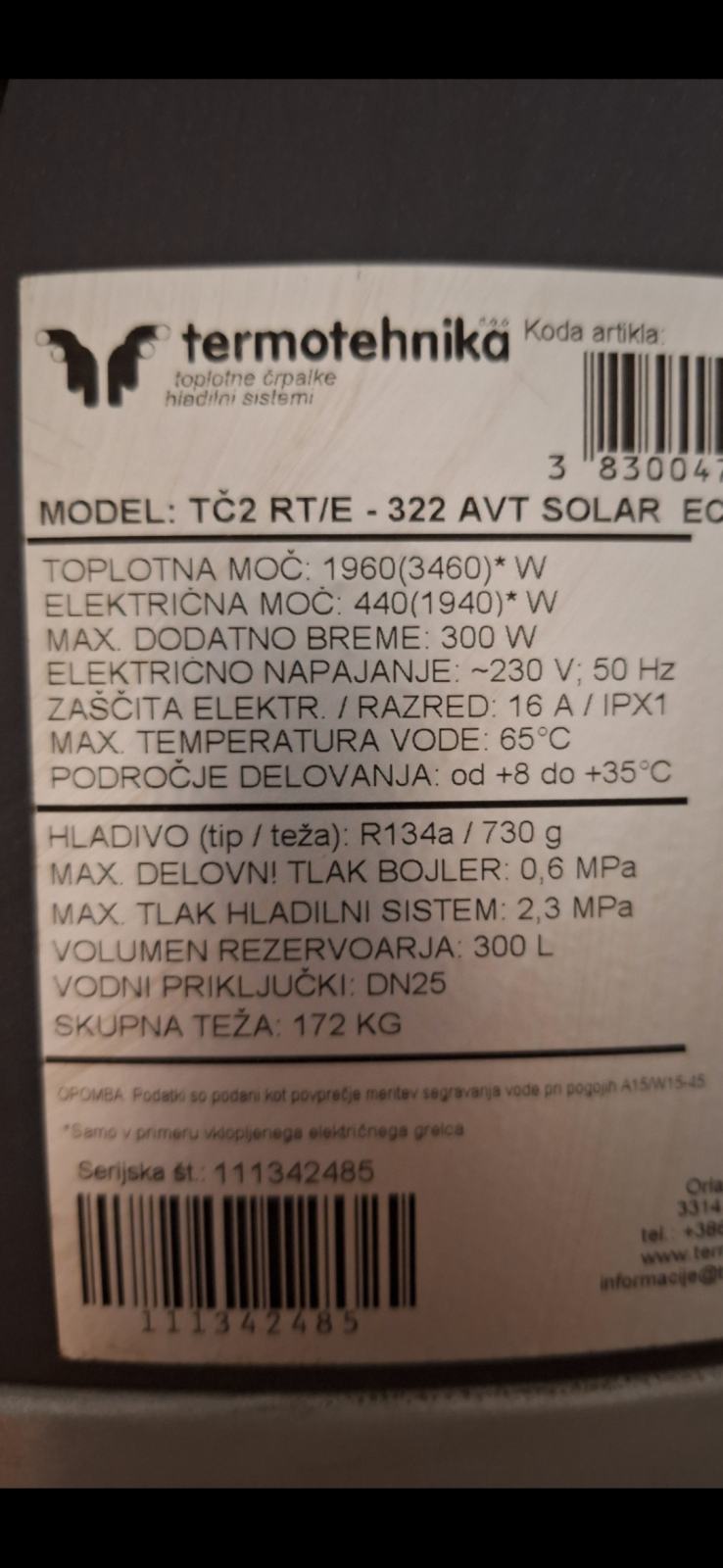 TOPLOTNA ČRPALKA Termotehnika 300L