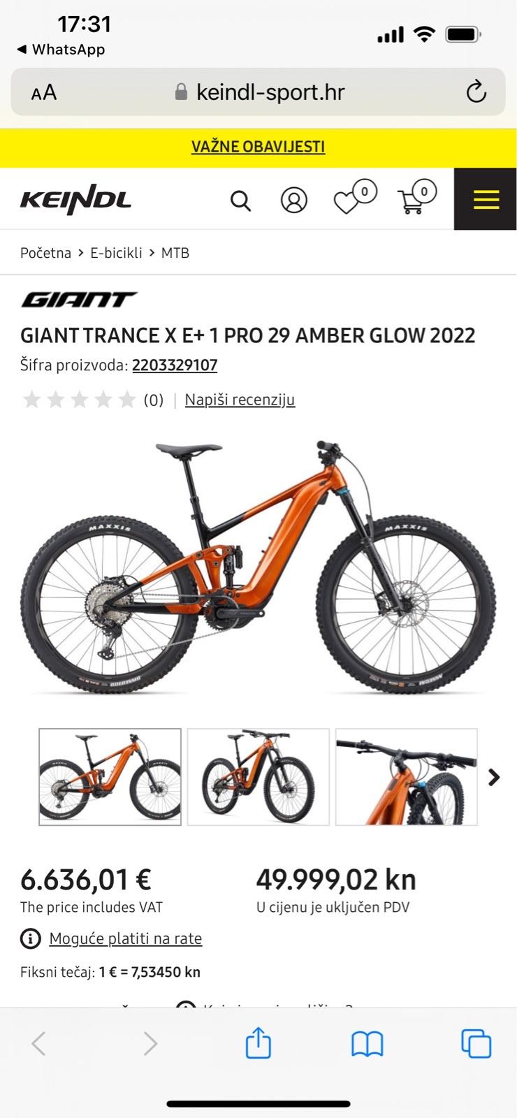 E-bike GIANT TRANCE X E+ 1 PRO 29 AMBER GLOW 2022 PRODANA!