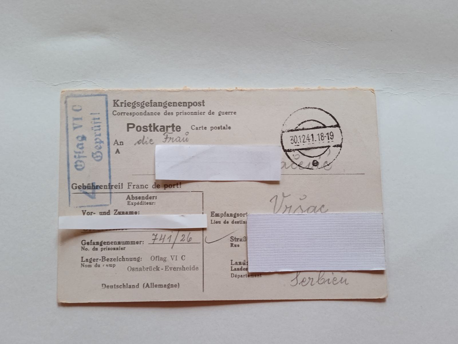 Nemška dopisnica.Oflag VIC Gepruft! 1941.Koncentracijsko taborišče