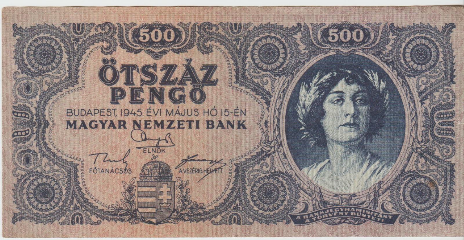 BANKOVEC 500 PENGO P117a ( MADŽARSKA) 1945. XF