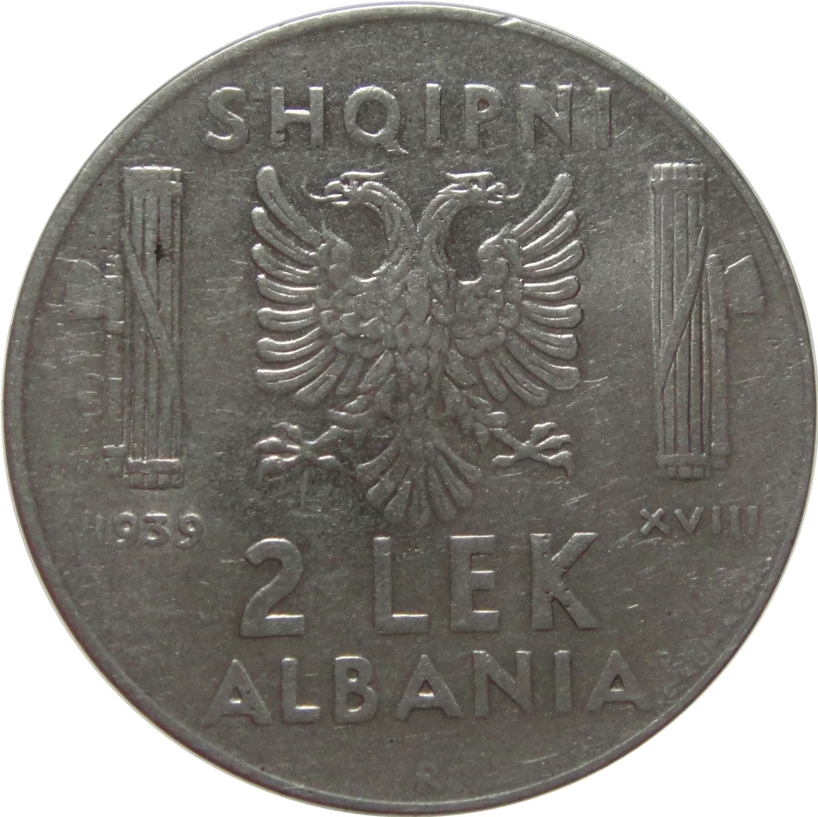 LaZooRo: Albanija 2 Lek 1939 R VF / XF