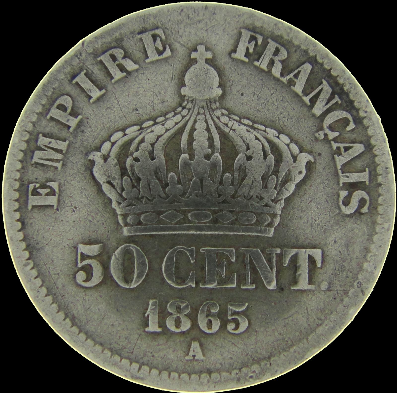 LaZooRo: Francija 50 Centimes 1865 A VF - srebro