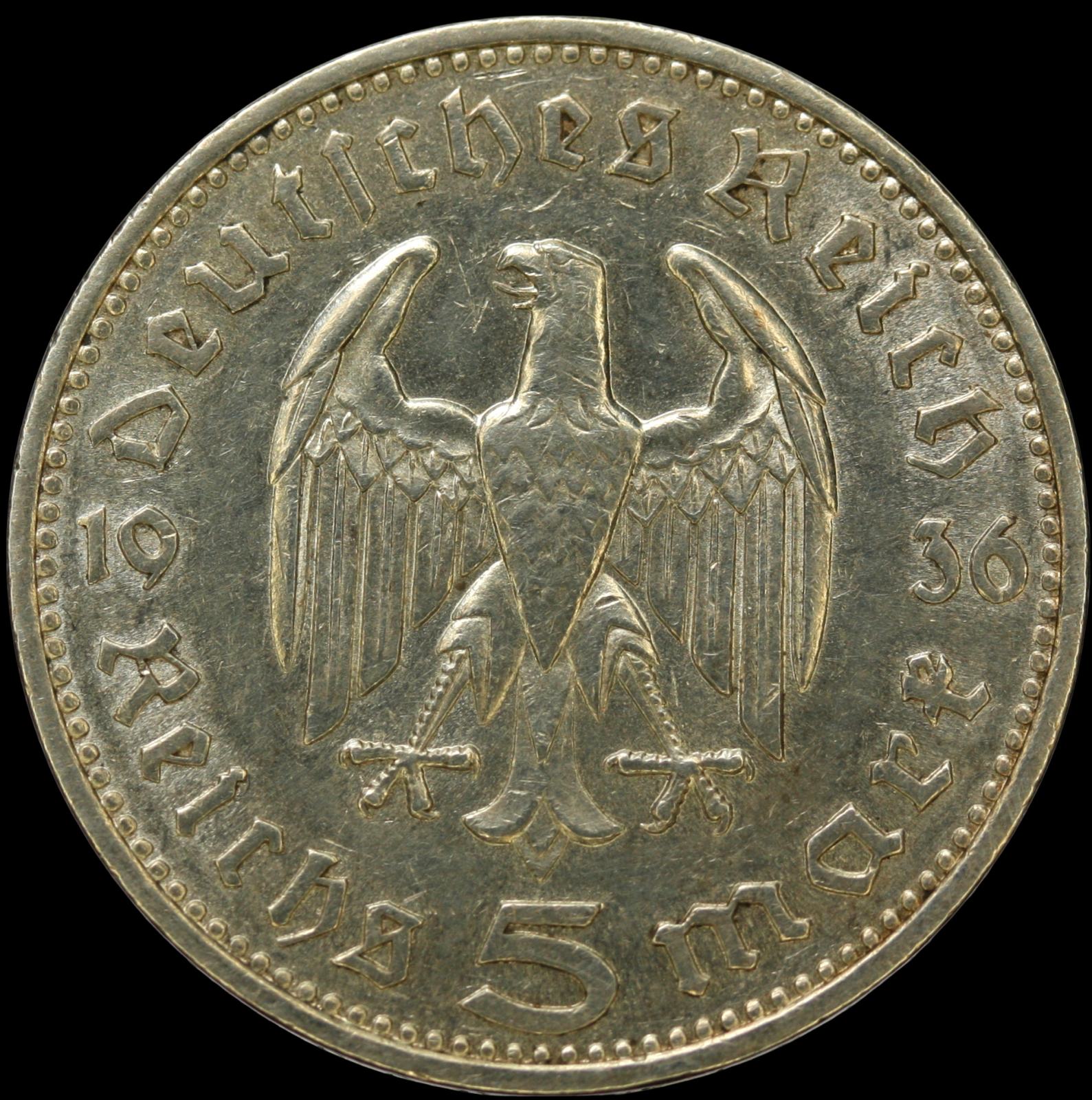LaZooRo: Nemčija 5 Mark 1936 F VF / XF Paul - srebro