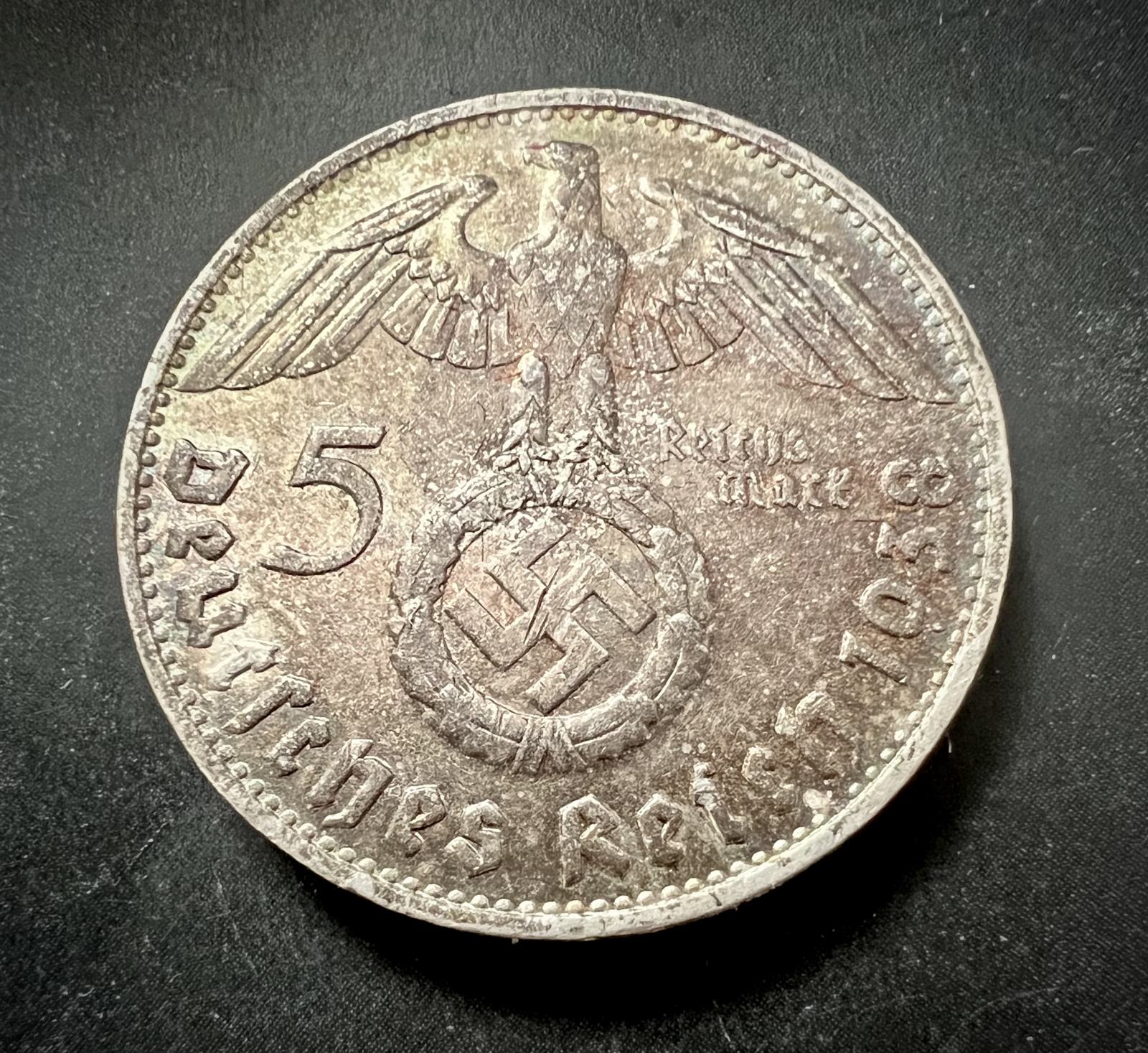 SREBRNIK Nemčija nacizem 5 Reichsmark 3. Reich nazi 1938 D UNC (otaku)