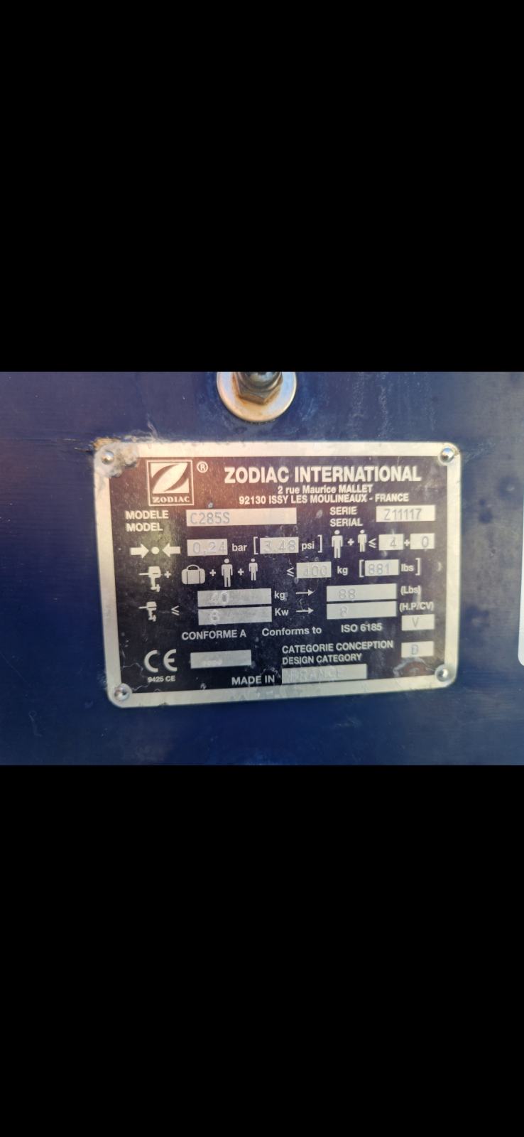 Zodiac 2.85 tohatsu 5hp 4takten