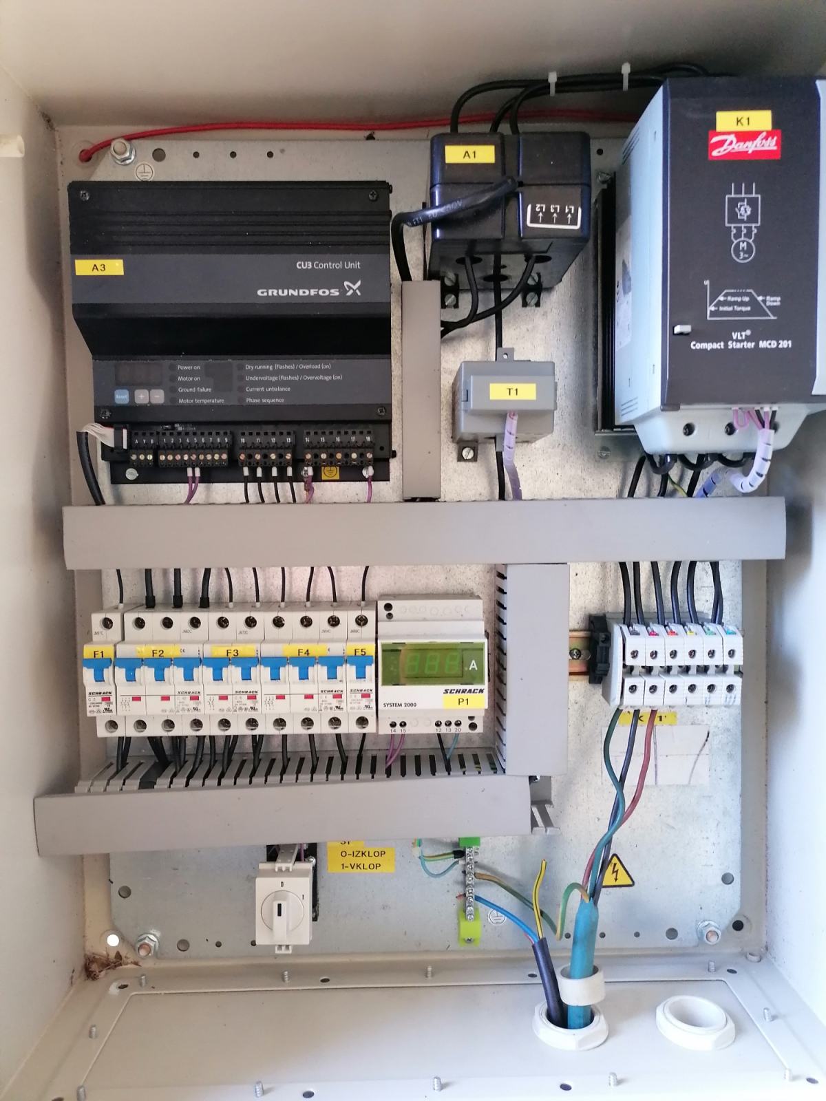 elektro omarica Schrack z enoto Grundfos CU3 in Danfoss MCD201