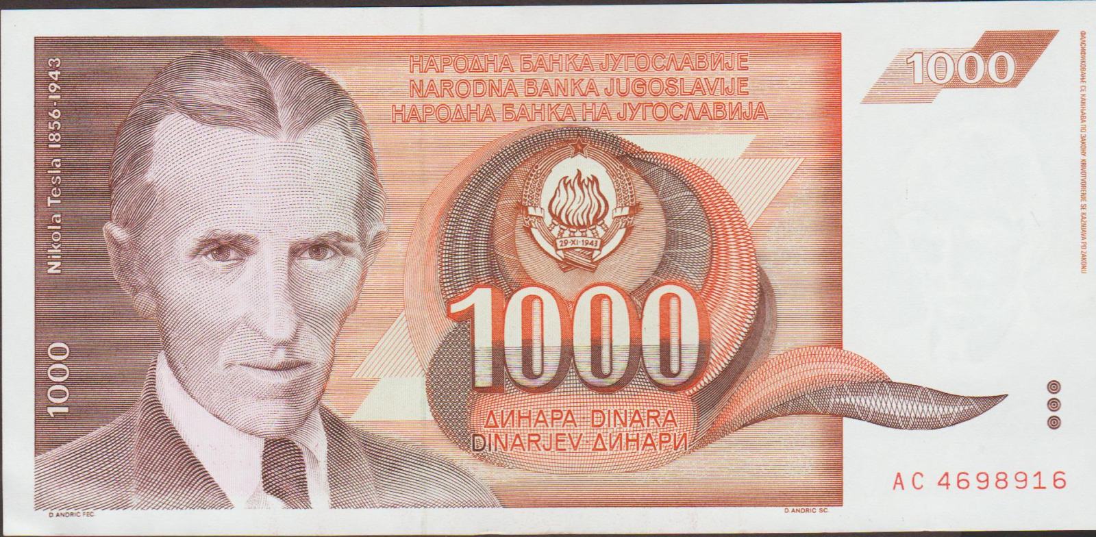 BANKOVEC 1000 DINARA AC,AD,AH,P109a (JUGOSLAVIJA) 1990.xf++/aUNC