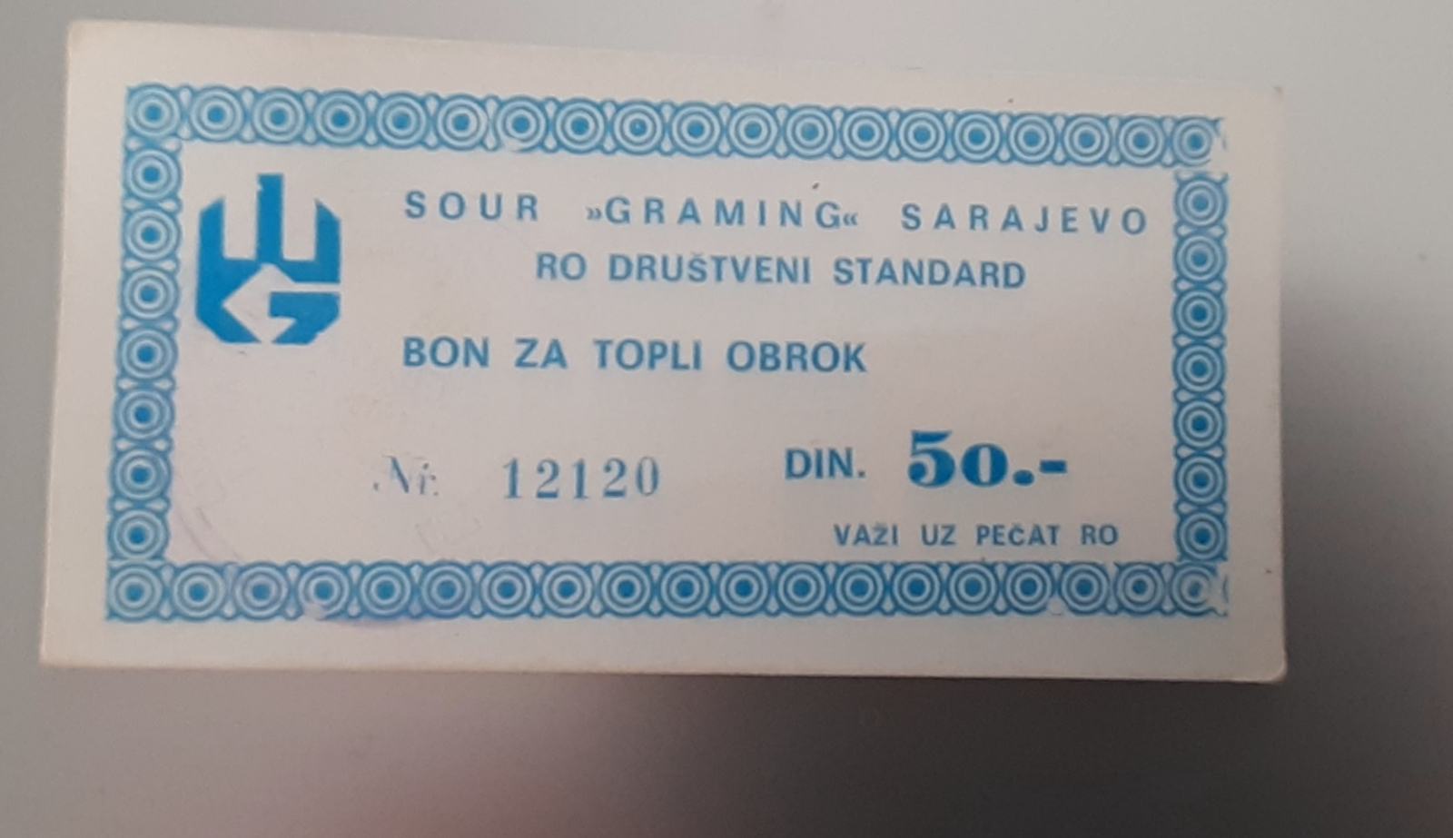 Bosna BON za topli obrok 50 dinara Graming Sarajevo