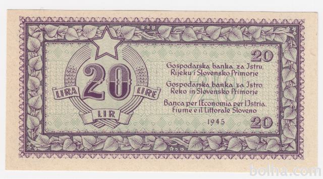 Istra Reka in Slovensko Primorje 20 LIR 1945 UNC