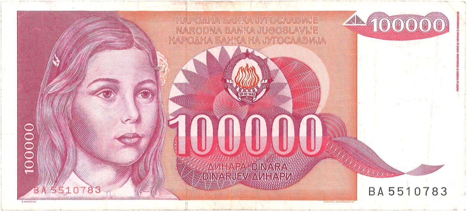 Jugoslavija 100 000 din dinarjev 1989