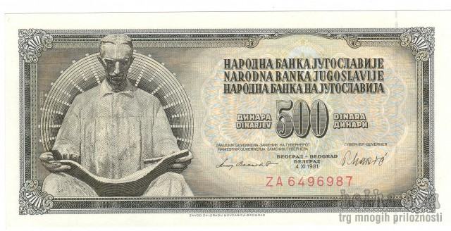 SFR Jugoslavija 500 DIN 1981 UNC ZA s slabšim odtisom na hrbtni strani
