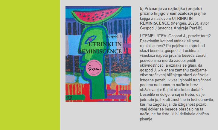 Gospod J.: UTRINKI IN REMINISCENCE / - 1. izd. - Mengeš : Samozaložba