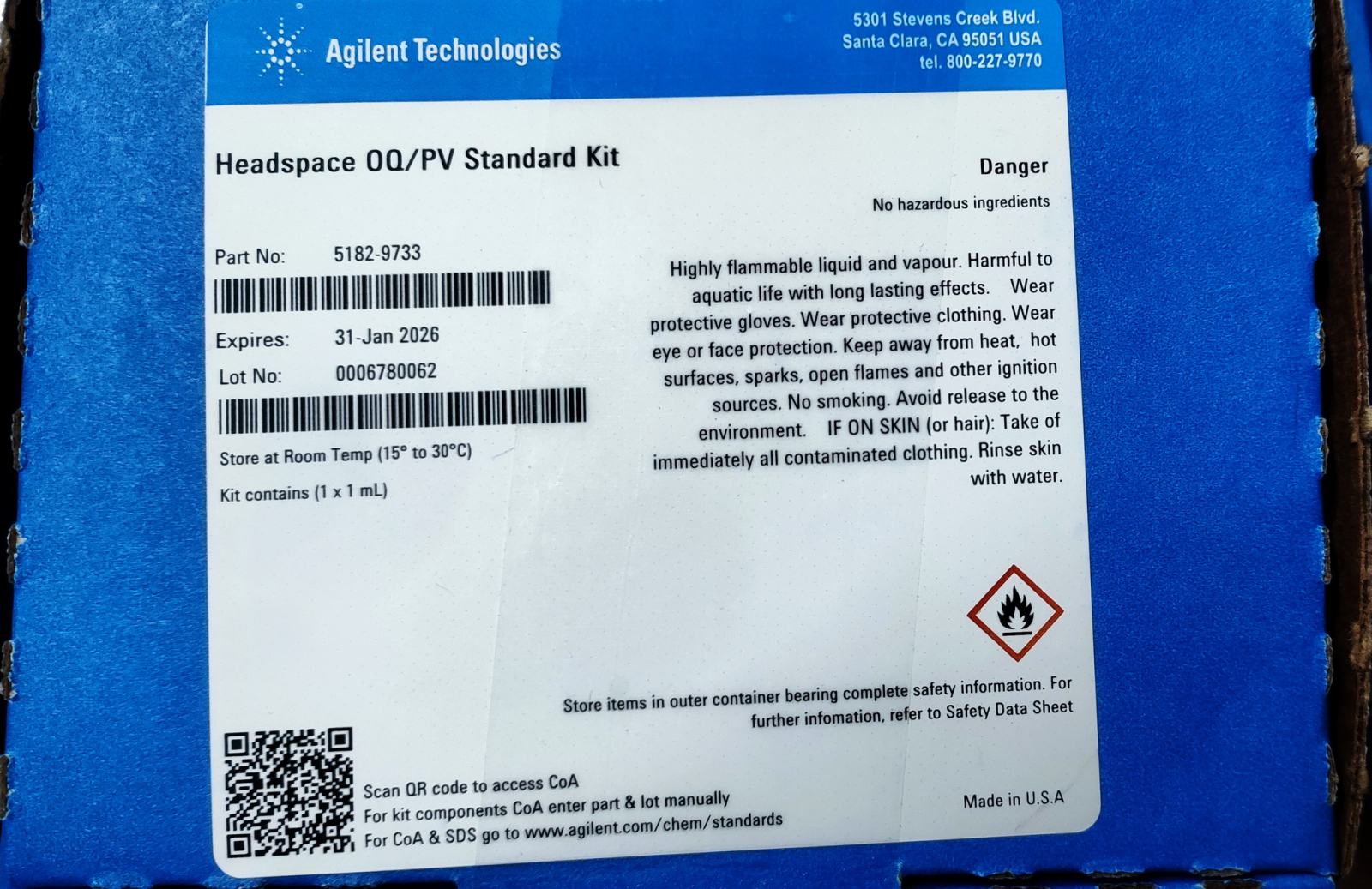 agilent headspace oq/pv standard kit 5182-9733