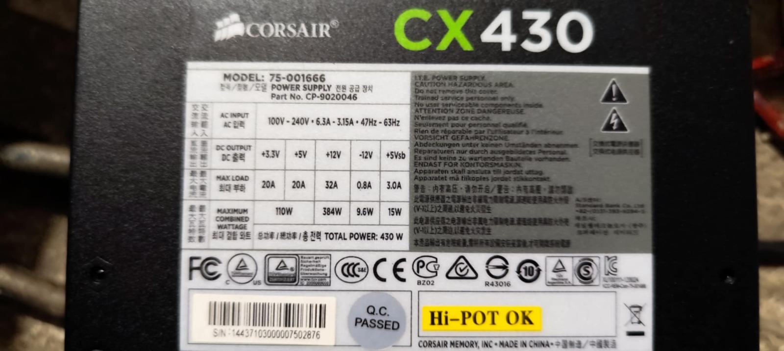 430W Corsair CX430 napajalnik