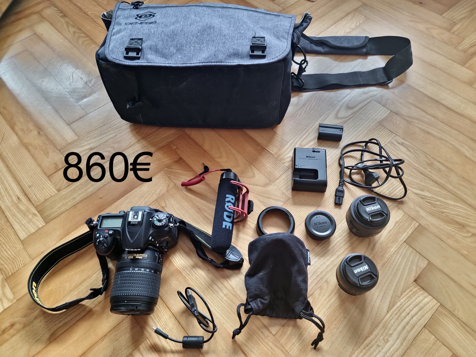 Nikon baterija, Nikkor objektiv 35mm, 50mm, mikrofon RODE