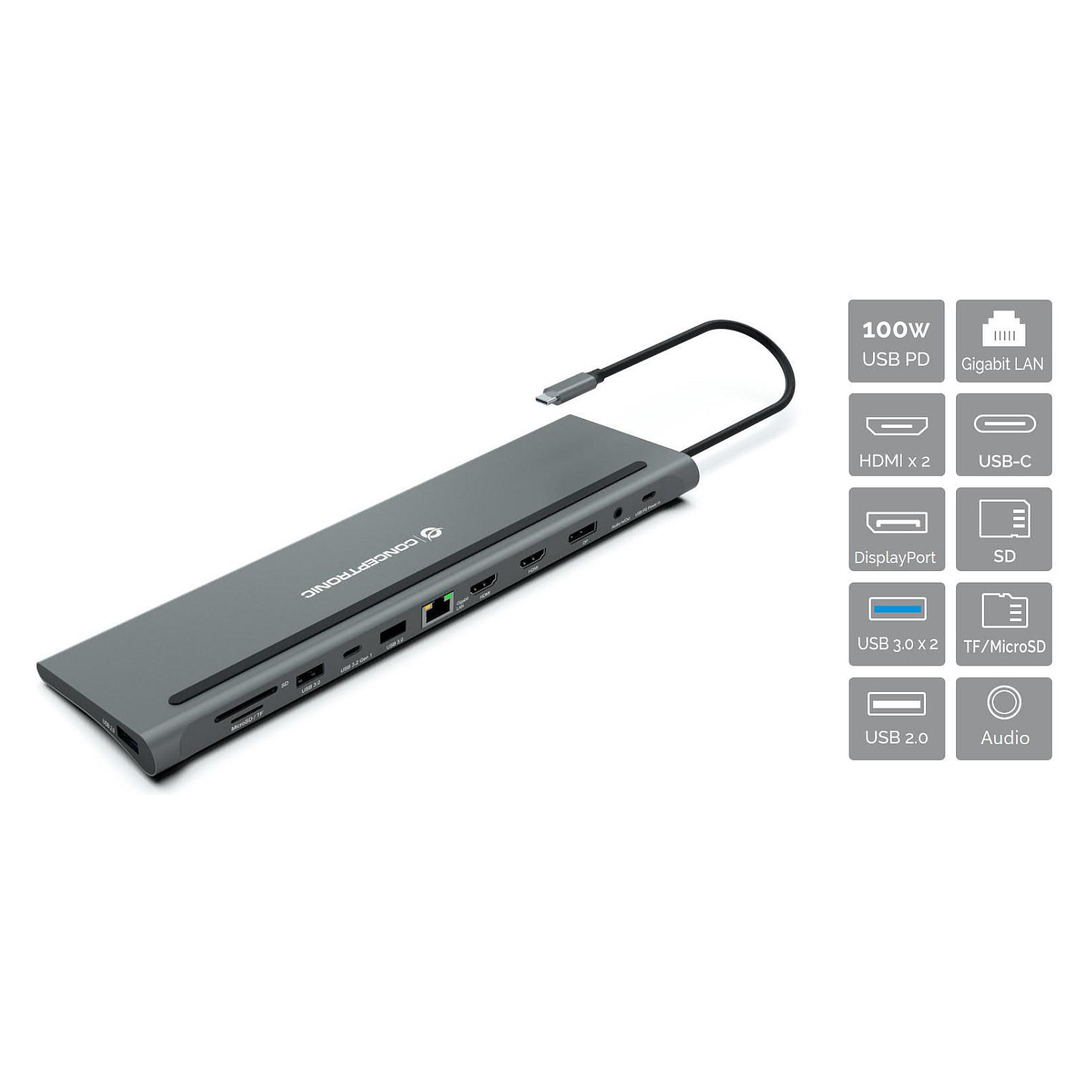 Priklopna postaja CONCEPTRONIC 12-1 USB-C->2xHDMI/3xUSB-A/DP/+ veli