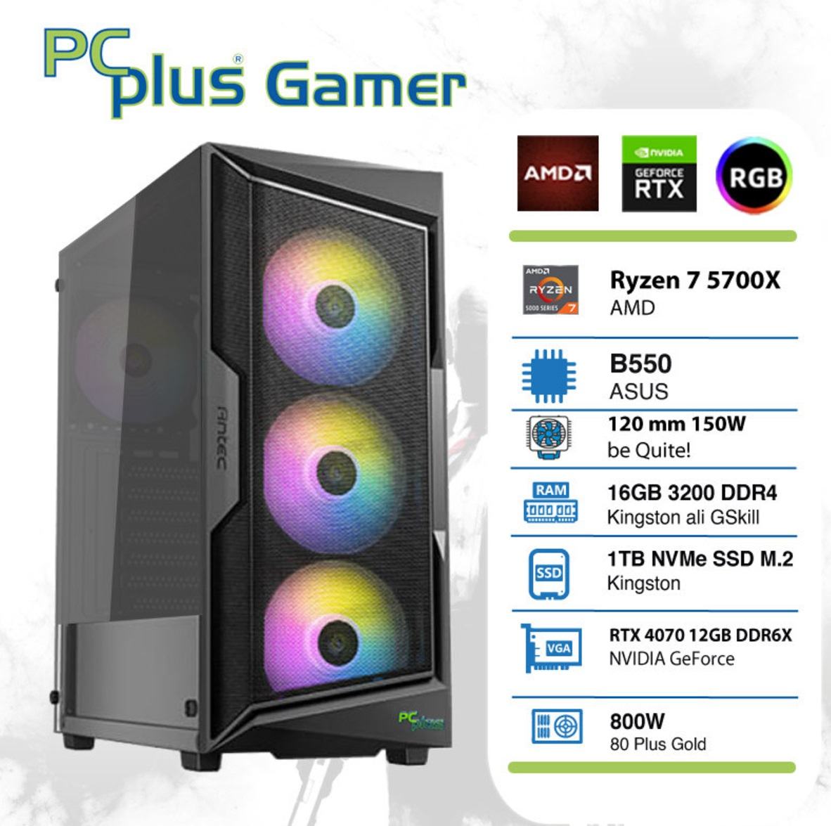 PCPLUS Gamer Ryzen 7 5700X 16GB 1TB NVMe SSD GeForce RTX 4070 12GB RGB
