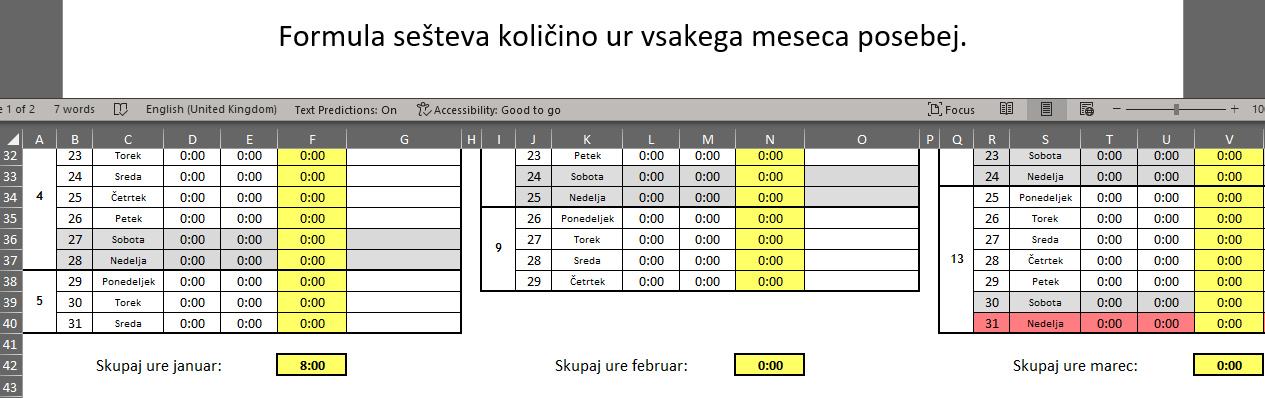 Excel tabela za vpis delovnih ur. Koledar s SLO prazniki 2024.