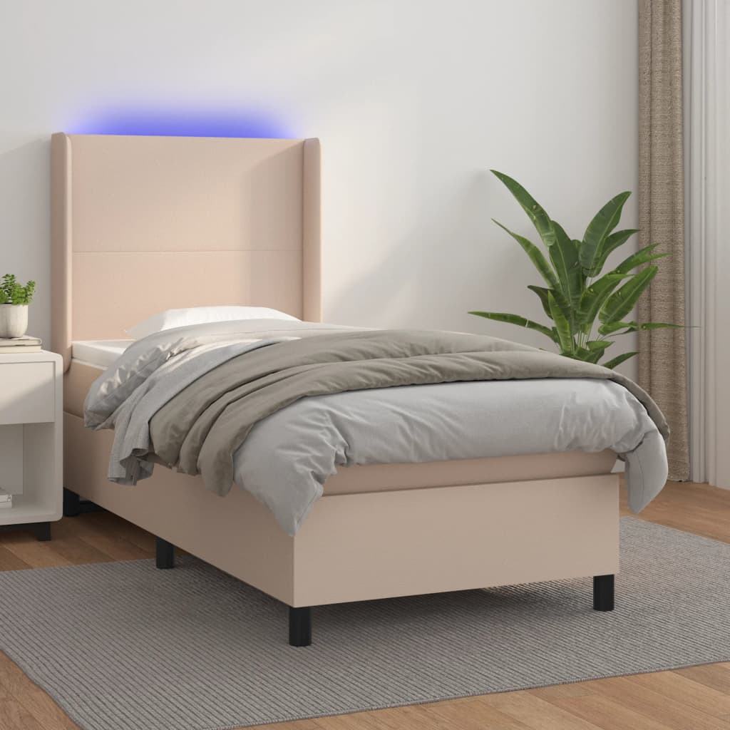 vidaXL Box spring postelja z vzmetnico LED kapučino 90x200 cm