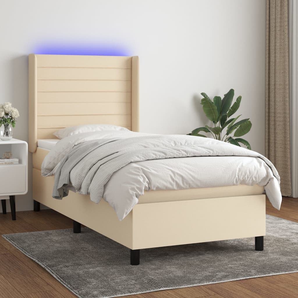 vidaXL Box spring postelja z vzmetnico LED krem 90x200 cm blago