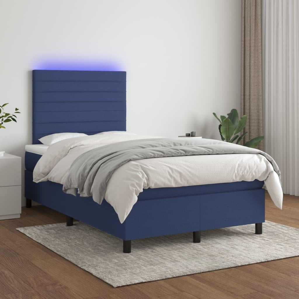 vidaXL Box spring postelja z vzmetnico LED modra 120x200 cm blago