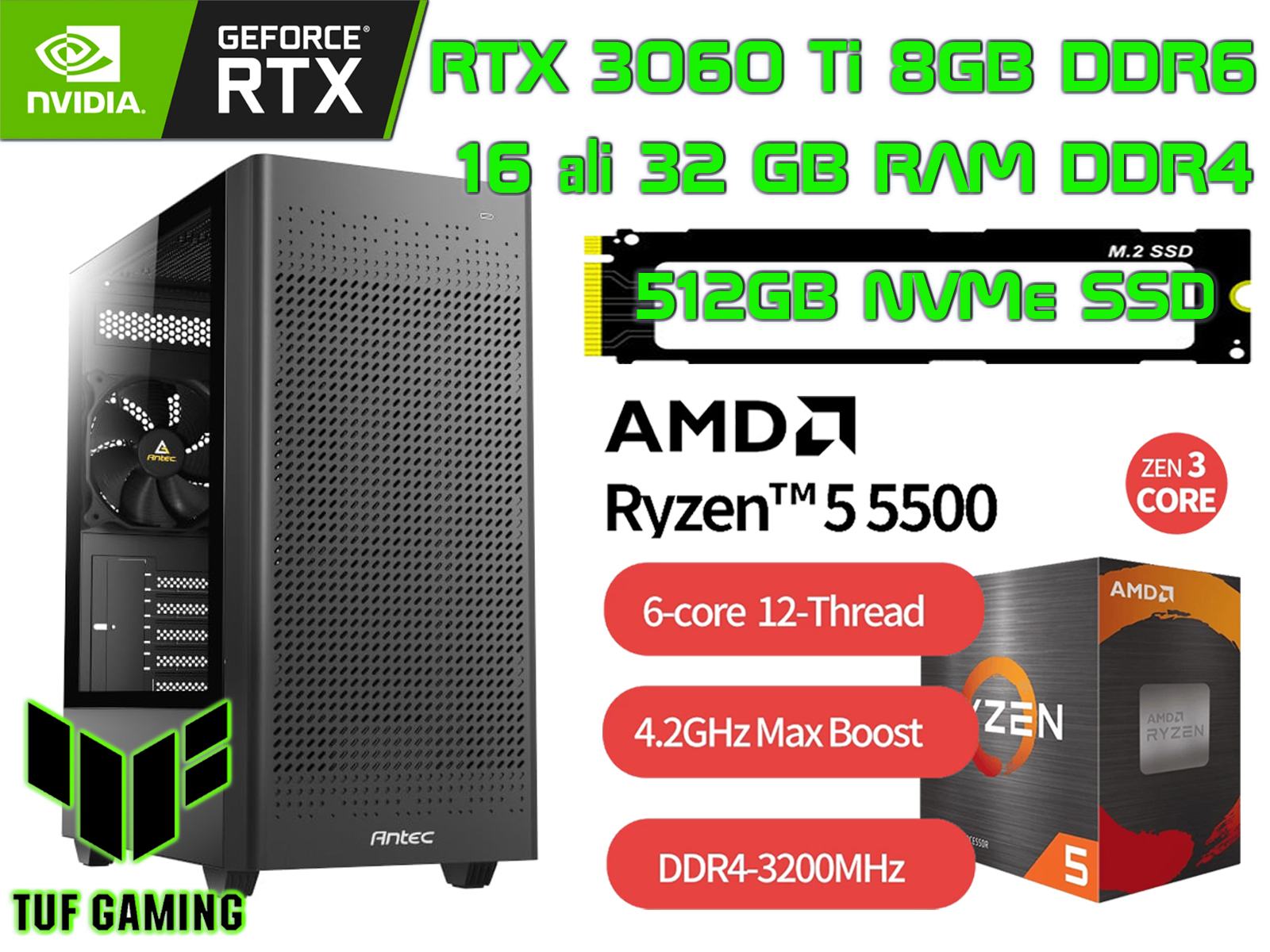 GAMING PC Ryzen 5500 6/12 Nvidia RTX 3060 Ti 8GB 16GB 512GB računalnik