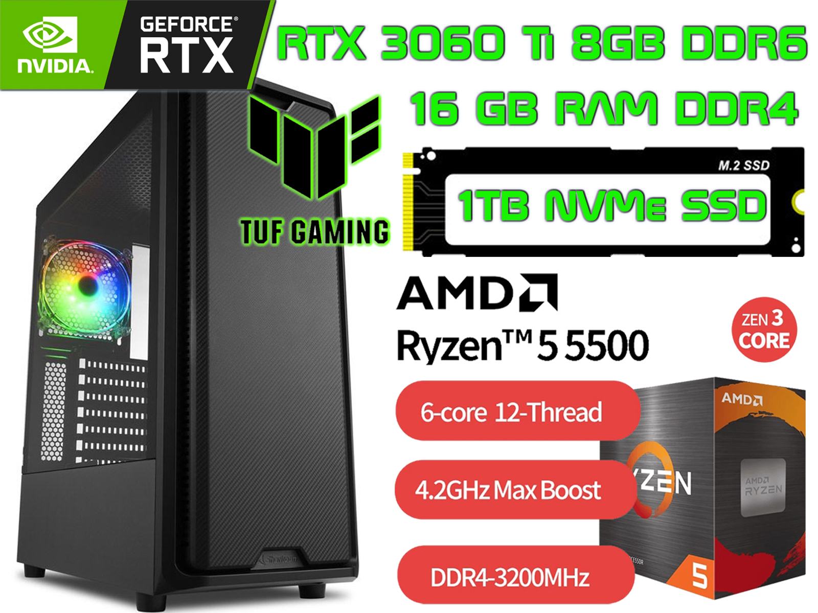 TOP GAMING PC Ryzen 5500 NVidia RTX 3060 Ti 16GB 1TB NVme računalnik