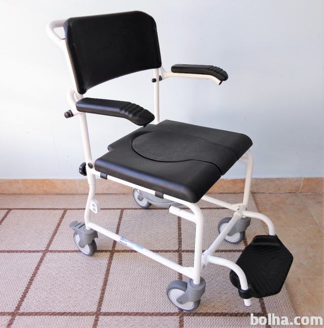 Invalidski toaletni wc+tuš voziček, na kolesih z zavoro