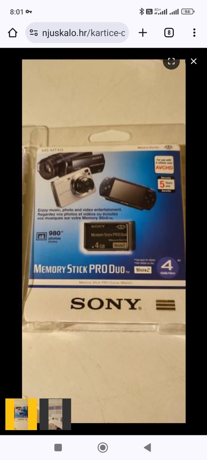 Sony MARK2 Memory Stick Pro Duo Memory Card (4GB),Novo