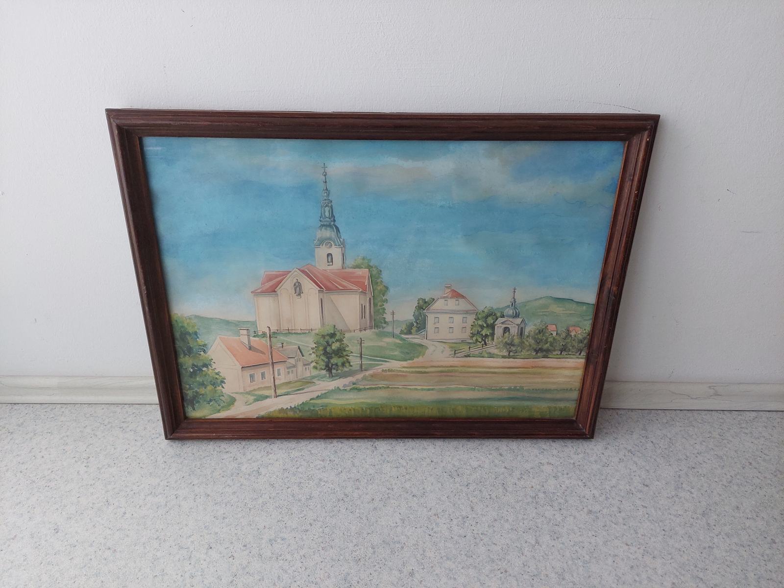 SLIKA AKRIL,AKVAREL,MIRNA IDILA NA VASI,NASLIKANA LETA 1948,CERKEV...