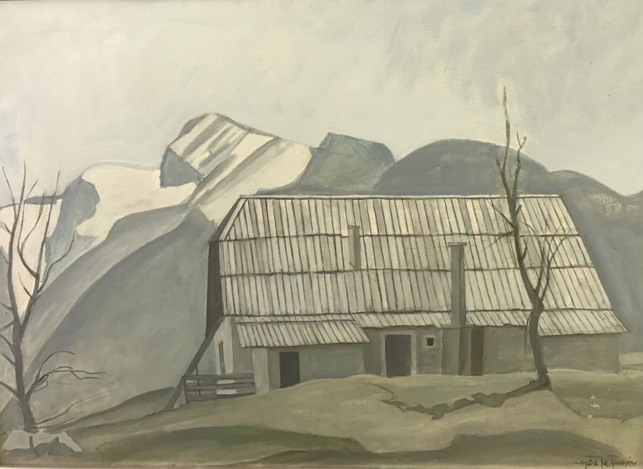 (4553) Ajdo Fr. Šubic Olje na lesonitu Koča 76.50cm x 56.50cm