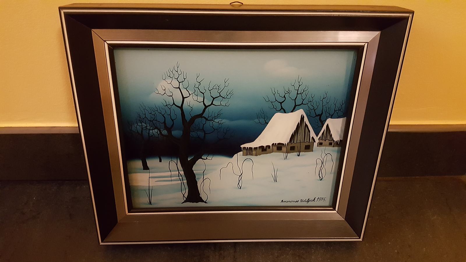 slika olje na steklo Branimir Udiljak 1972 dim slika 25x20 okvir 32x26