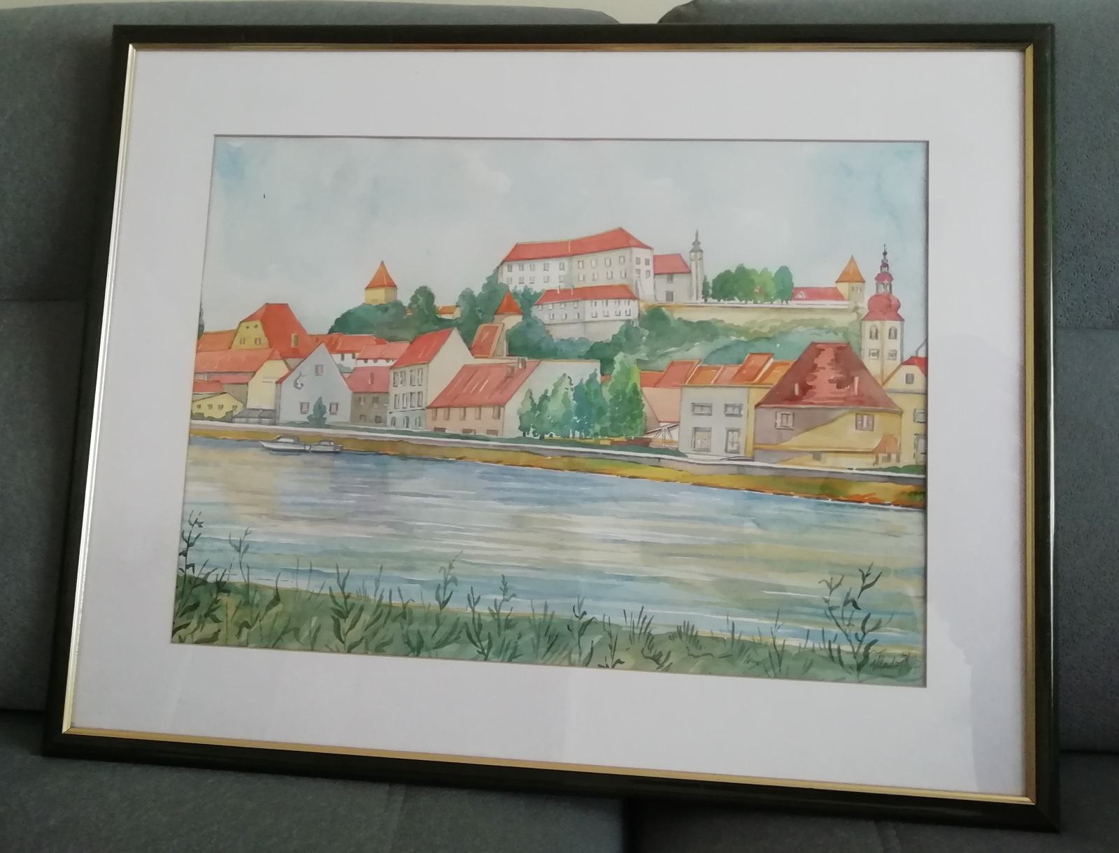 Slika (Risba) z okvirjem - Mesto - Ptuj (leto 1997) - Slikar Vlado K.