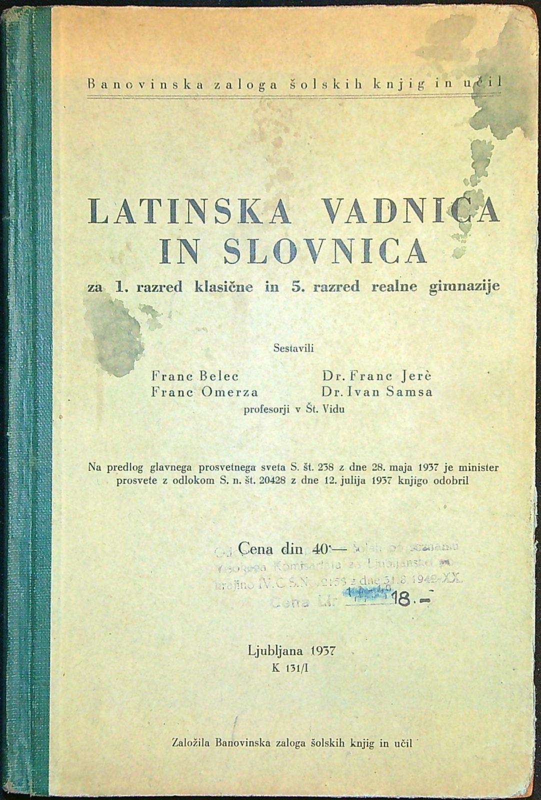 Latinska vadnica in slovnica za 1. razred klasične in 5. razred realne