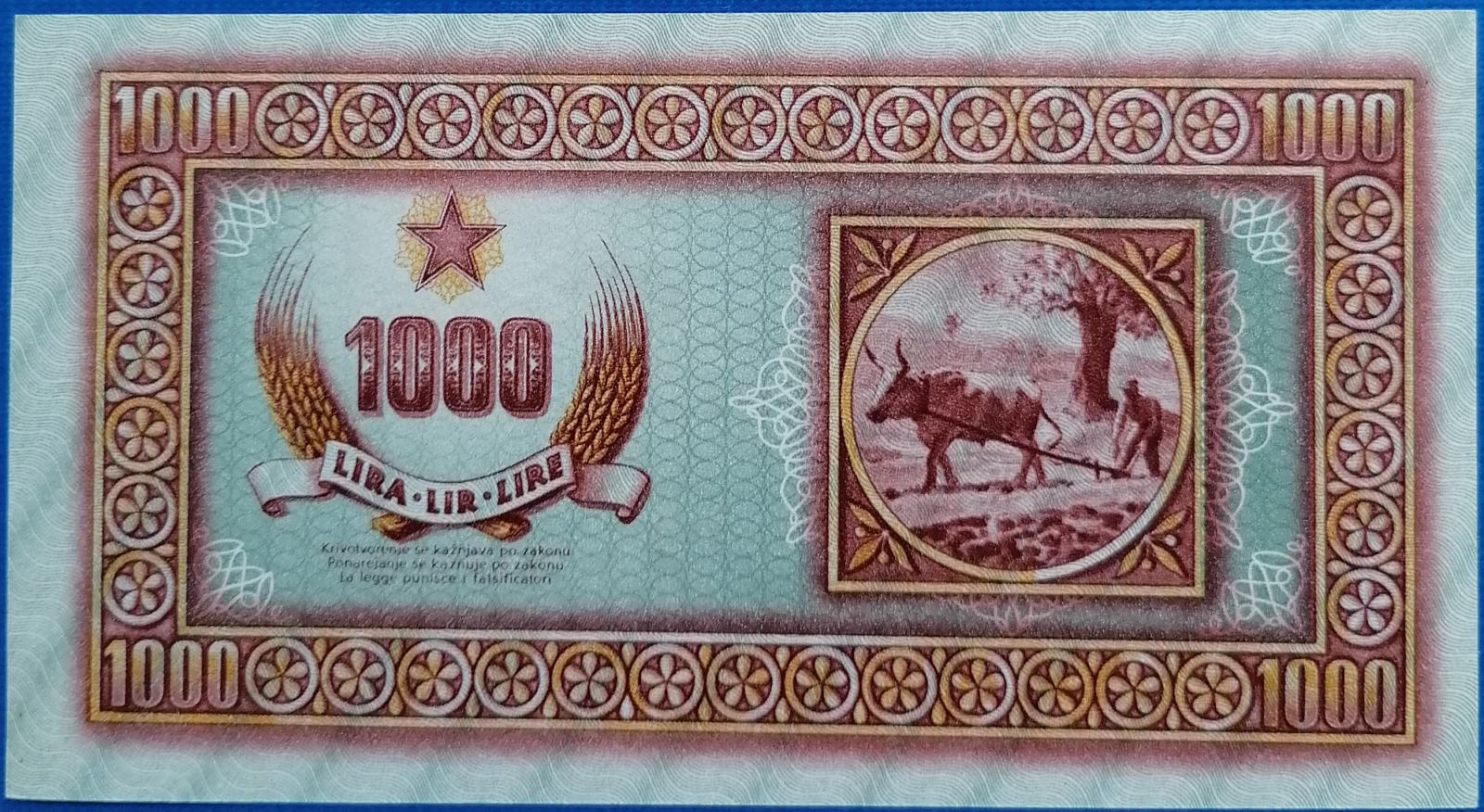 1000 lir 1945; Istra, Rijeka in Slov. Primorje, UNC