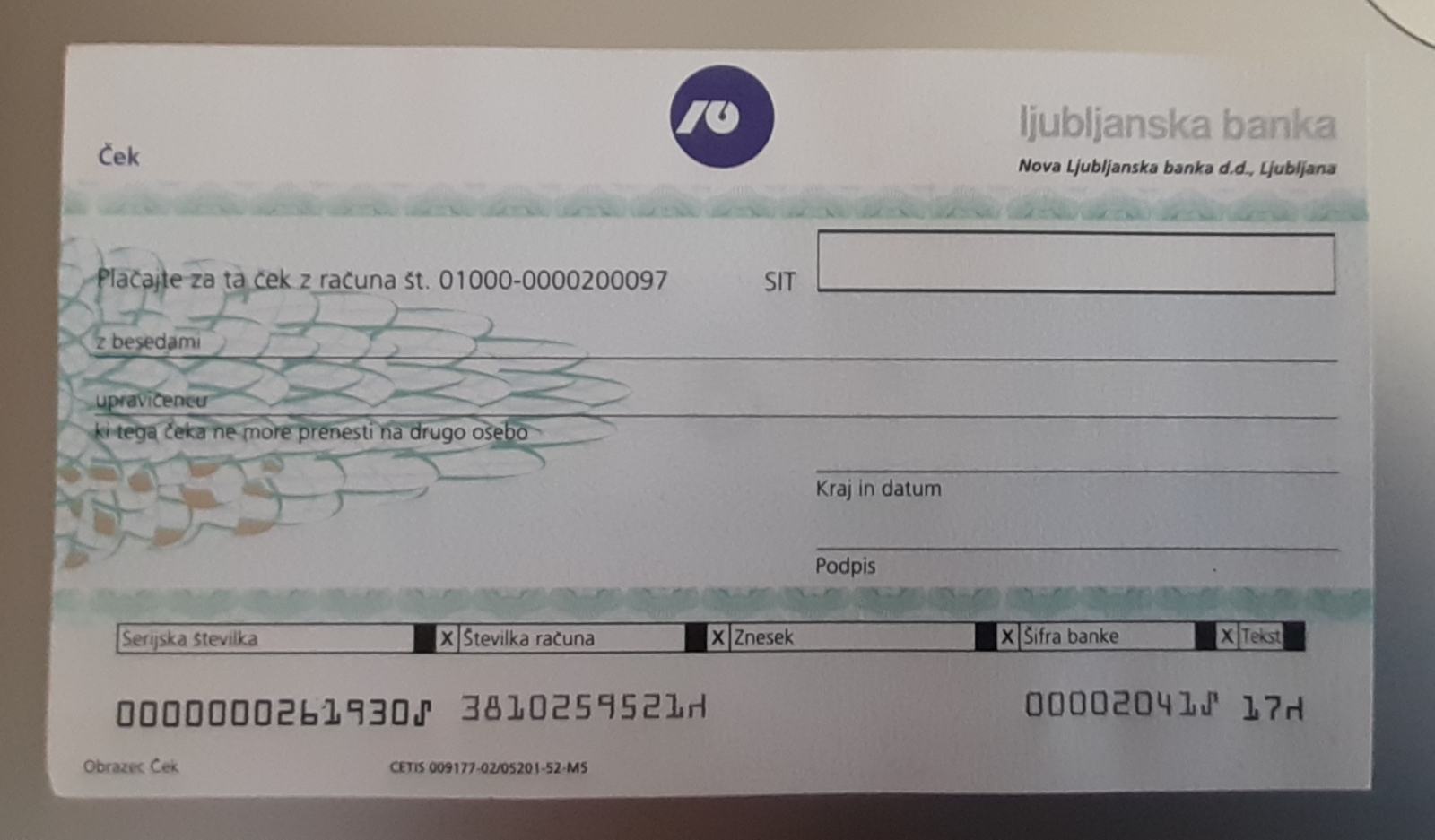 Ček Nova Ljubljanska banka UNC
