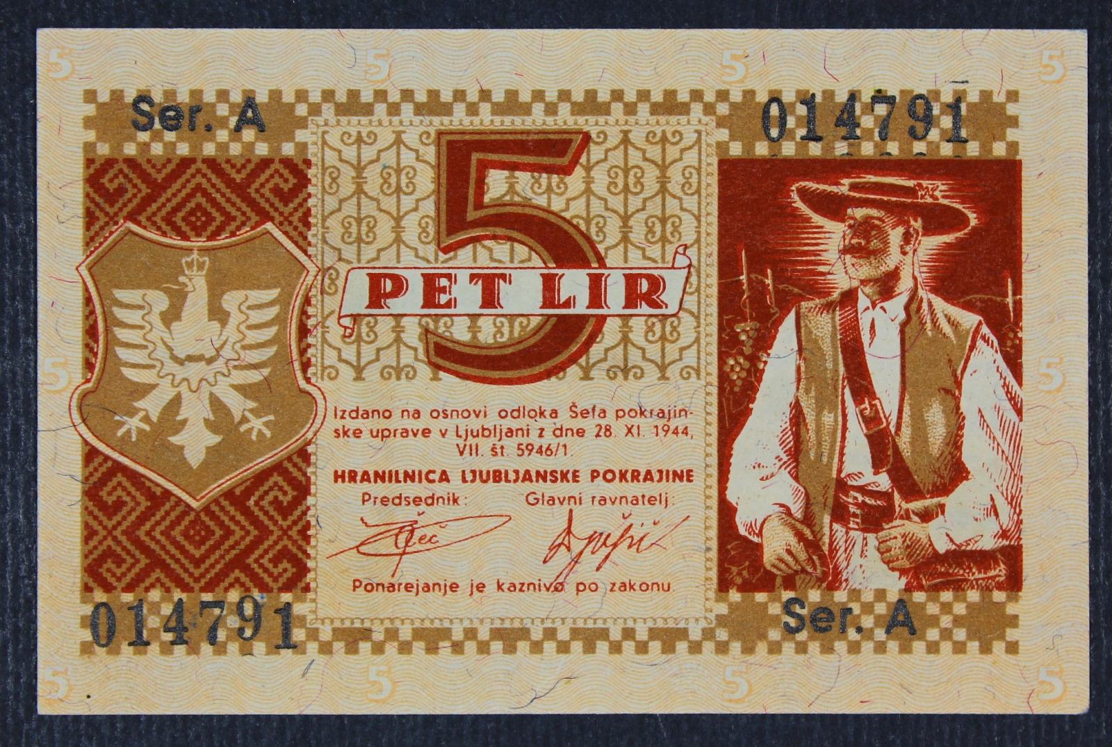 Rupnikove lire 5 Lir 1944 - serija A - UNC