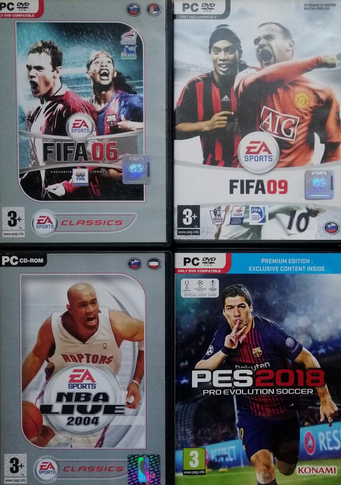 4x PC nogomet, košarka: Fifa 06, Fifa 09, PES 2018, NBA Live 2004 (PC)