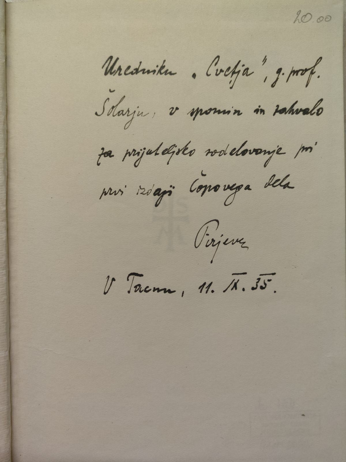 Izbrano delo / Matija Čop , 1935, podpis in posvetilo A. Pirjevec